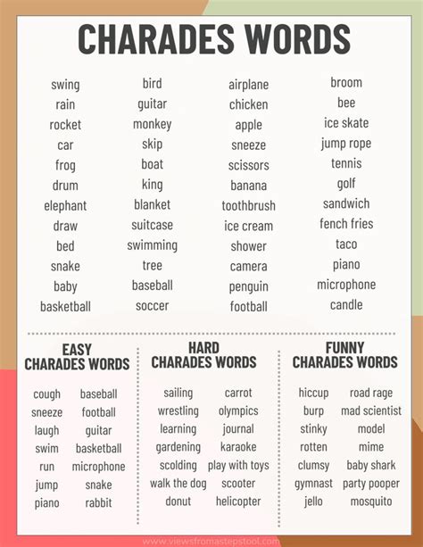 Charades Ideas For Families Printable Word List