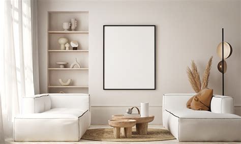 현대 인테리어 배경 거실 홈 오피스 3d 렌더링 3d 일러스트레이션에서 포스터 프레임을 모의 벽에 대한 스톡 사진 및 기타 이미지 Istock