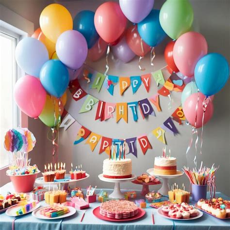 A Birthday Party With Balloons And Birthday Cake On A Table Premium
