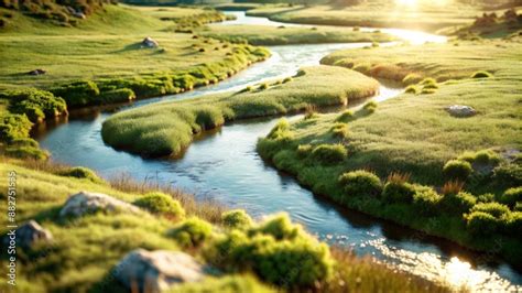 Green Grass Breath Taking Stream Landscape Background Featuring Pasture