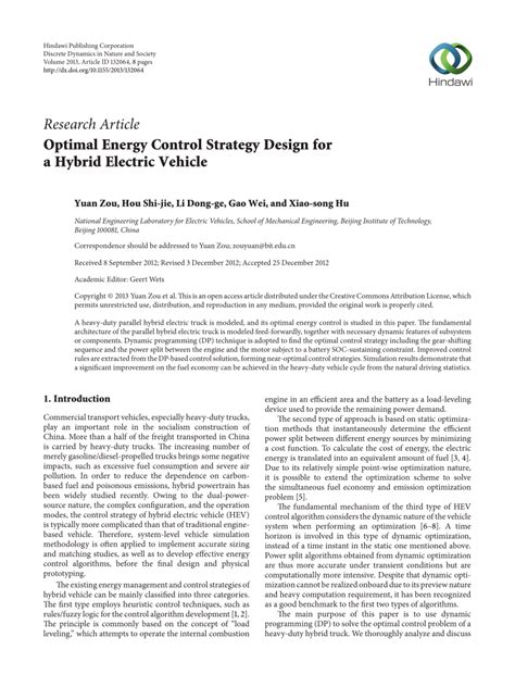 Pdf Optimal Energy Control Strategy Design For A Hybrid Electric Vehicle