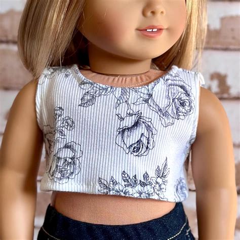 18 Inch Doll Crop Top For Doll Ribbed White Black Rose Print Floral