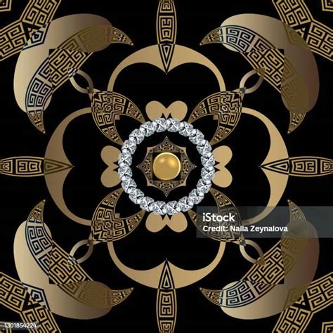 보석 금 원활한 패턴 꽃 화려한 데코 배경 벡터 그리스 어 배경을 반복합니다 다이아몬드 빈티지 꽃 잎 3d 보석 그리스 키