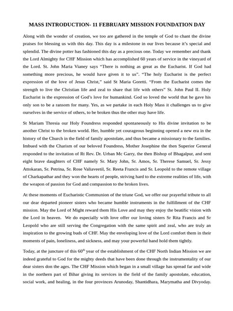 Mass Introduction Foundation Day Pdf Eucharist Blessing