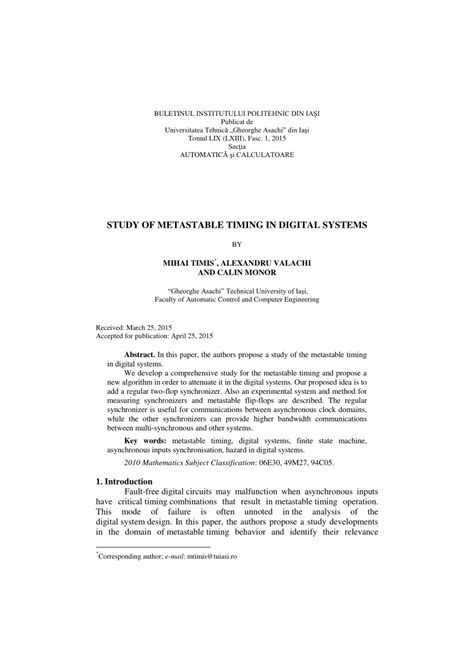 PDF STUDY OF METASTABLE TIMING IN DIGITAL SYSTEMS