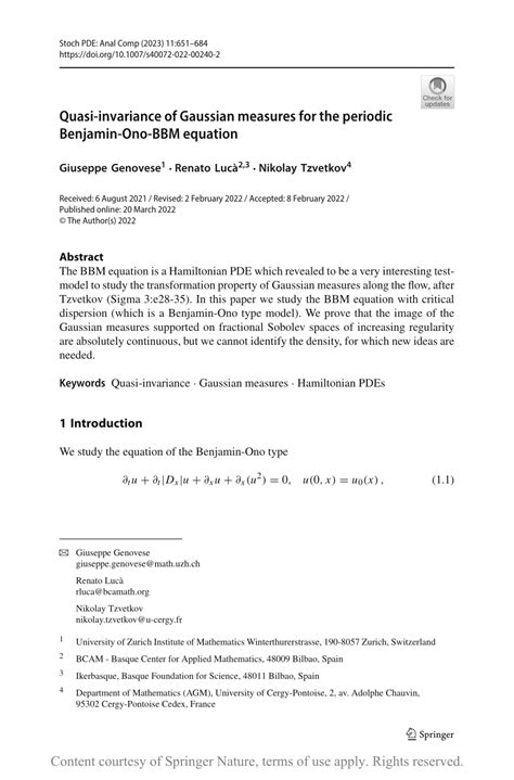Pdf Quasi Invariance Of Gaussian Measures For The Periodic Benjamin Ono Bbm Equation