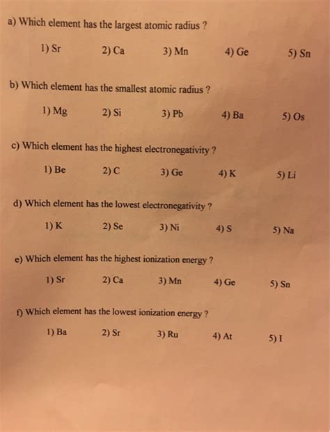 Solved A Which Element Has The Largest Atomic Radius 1 Chegg Com