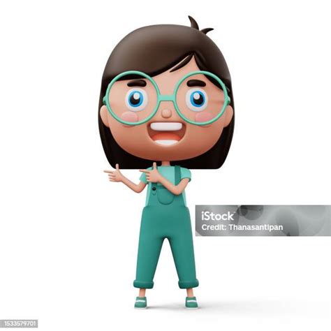 손가락을 가리키는 행복한 아이 귀여운 소녀 만화 캐릭터 3d 렌더링 가리키기에 대한 스톡 사진 및 기타 이미지 가리키기 교육 만화 Istock