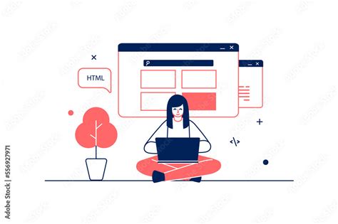Web Development Concept In Flat Line Design With People Scene Woman Creates Site Layouts And