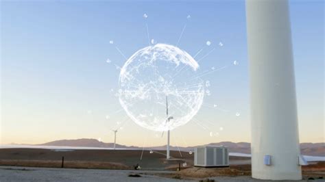 animation of globe and numbers processing over wind turbine video from