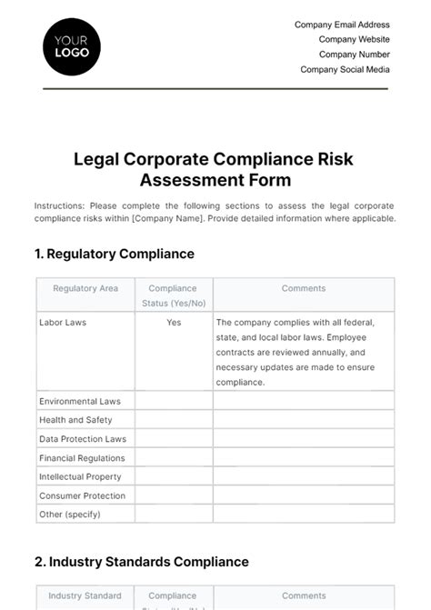 Free Legal Corporate Compliance Risk Assessment Form Template To Edit