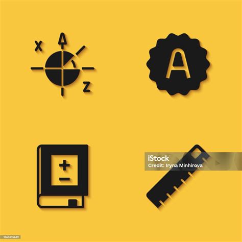 삼각형 원을 설정 눈금자 수학 및 시험 시트 A 플러스 긴 그림자와 학년 아이콘과 책 벡터 개념에 대한 스톡 벡터 아트 및 기타