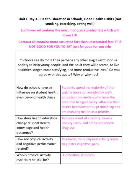 Edpy Unit E Day 3 Notes Unit E Day 3 Health Education In Schools