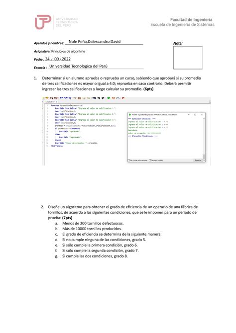Practica Calificada Algoritmo Determinar Si Un Alumno Aprueba O Reprueba Un Curso Sabiendo