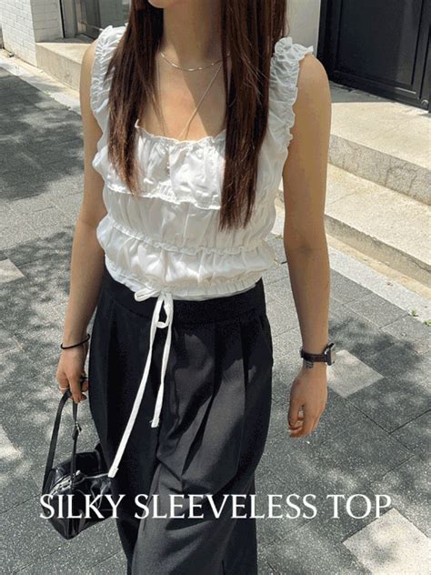 [새틴광 포인트탑]핫썸머 새틴 프릴 플리츠 나시 탑 2color 에이블리