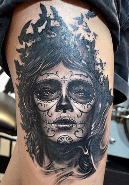Black And Gray Day Of The Dead Skull Tattoos