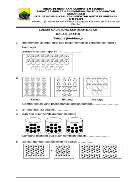 Soal Calistung Kelas 1 Tahap 1 Pdf
