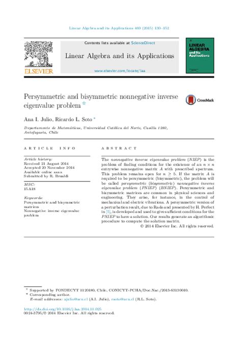 Pdf Persymmetric And Bisymmetric Nonnegative Inverse Eigenvalue Problem