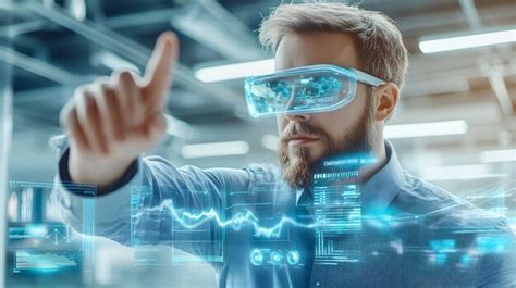 Man In VR Headset Interacting With Digital Interface Premium AI Generated Image