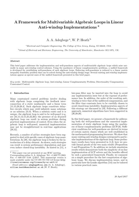 Pdf A Framework For Multivariable Algebraic Loops In Linear Anti