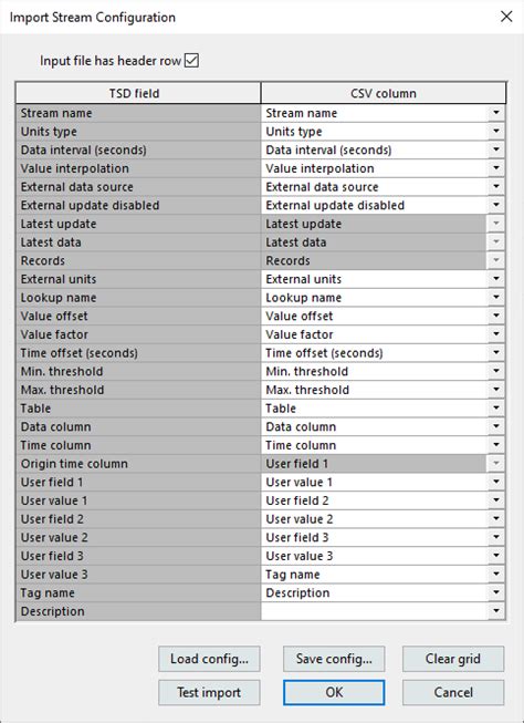 Import Stream Configuration Dialog