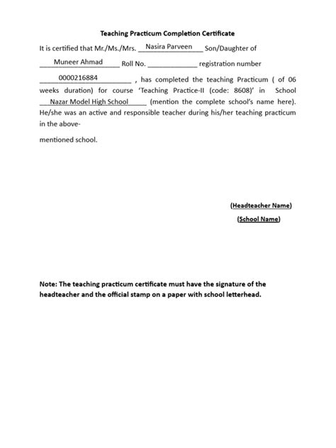 Teaching Practicum Completion Certificate Pdf