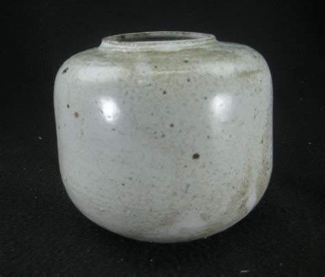 Japanese Hakeme Gray And White Glaze Round Vessel Wood Fired Shoguns Gallery