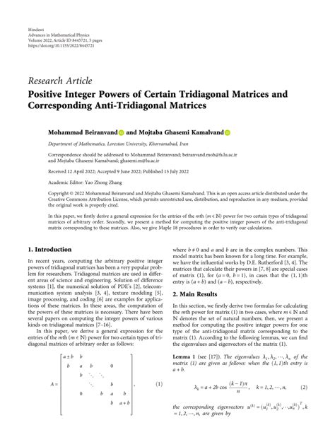 Pdf Positive Integer Powers Of Certain Tridiagonal Matrices And Corresponding Anti Tridiagonal