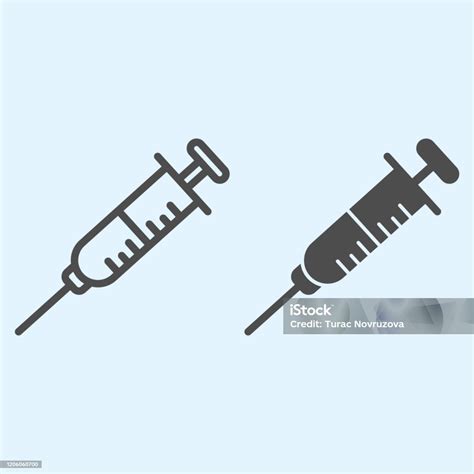 주사기 라인과 단색 아이콘 의료 재고 항목 약물 인젝터 건강 관리 벡터 디자인 개념 흰색 배경에 윤곽 스타일 그림 웹 및 응용