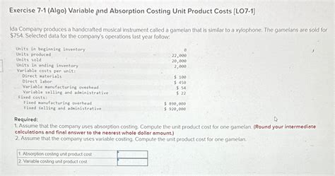 solved exercise 7 1 algo ﻿variable and absorption costing