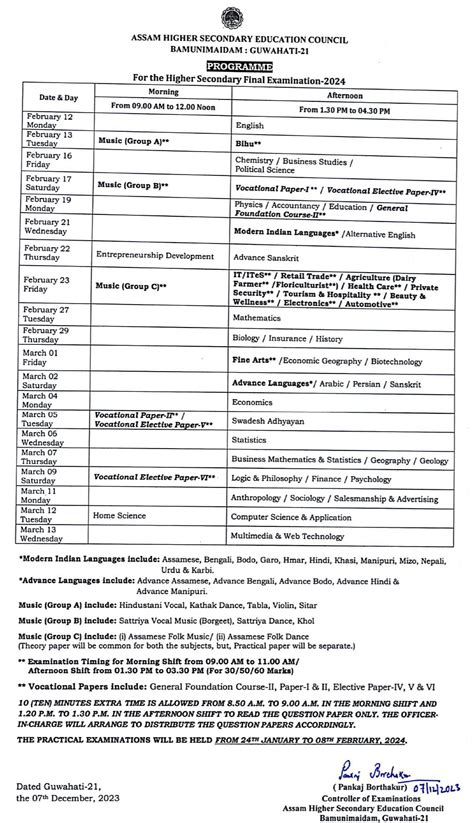 Ahsec Class 12 Final Examination Routine 2024 H S 2nd Year