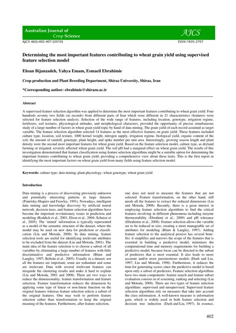 Pdf Determining The Most Important Features Contributing To Wheat Grain Yield Using Supervised