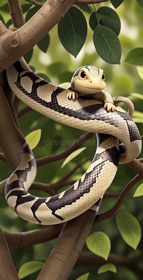 Beautiful Cartoon Snake Python Crawling On Tree Branch Vertical Photo Stock Image Image Of
