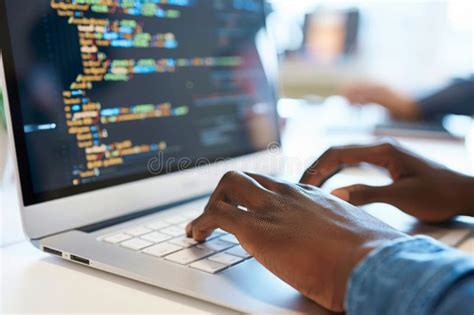 developers hands typing code on laptop stock illustration