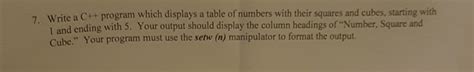 Solved Write A C Program Which Displays A Table Of Numbers Chegg