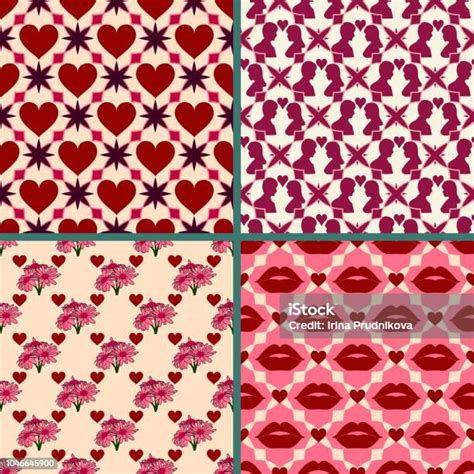 발렌타인 데이 배경 설정 밝은 레트로 원활한 패턴 기와 붉은 색입니다 텍스처를 반복 하는 것은 인쇄 패브릭과 종이 또는 스크랩 예약 또는 초대에 사용할 수 있습니다 0명에