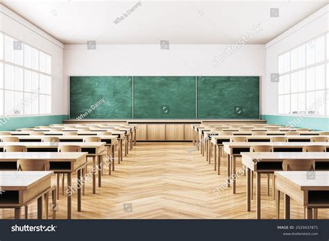 Empty Classroom Wooden Tables Chairs Facing Stock Illustration