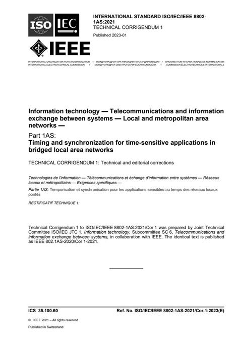 Iso Iec Ieee 8802 1as 2021 Cor 1 2023 Information Technology — Telecommunications And Information