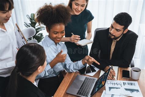 Multiracial Analyst Team Use Bi Dashboard For Data Analysis With Laptop Concord Stock Image
