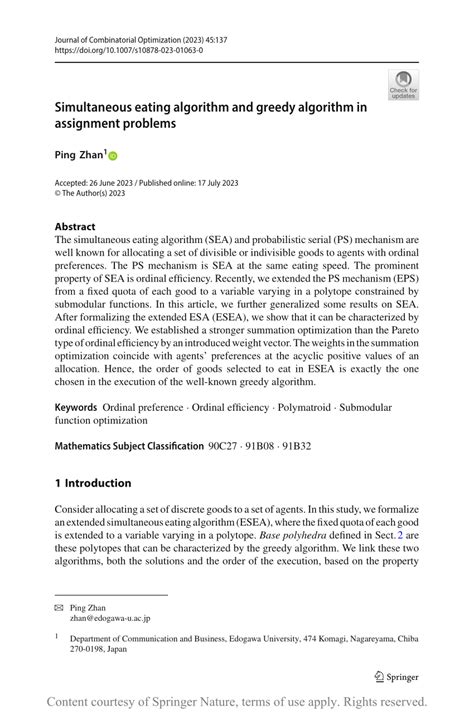 Pdf Simultaneous Eating Algorithm And Greedy Algorithm In Assignment