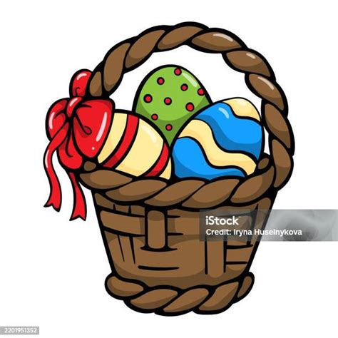 여러 가지 빛깔의 달걀과 빨간 리본이 있는 부활절 바구니 인쇄 스티커 인사말 카드에 대 한 밝은 벡터 일러스트 레이 션 4월에 대한 스톡 벡터 아트 및 기타 이미지 Istock