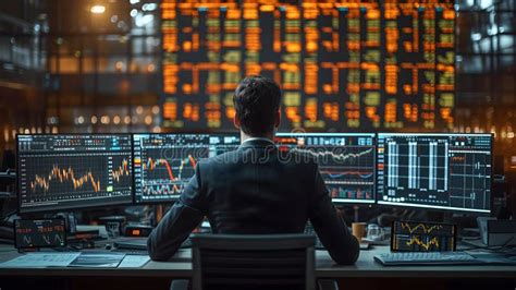 Back View Of A Financial Analyst Day Trader Working On Computer With