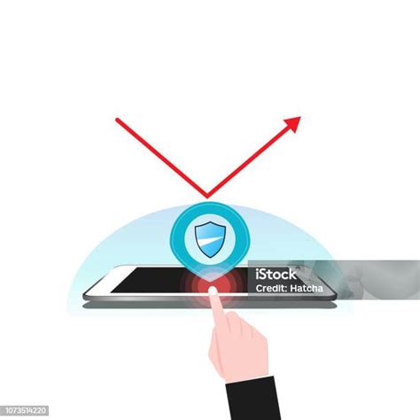 태블릿 및 모바일 전화 데이터 보안 시스템 쉴드 보호 확인 손가락으로 터치 스크린 및 화살표 분산형 평면 디자인 벡터 일러스트