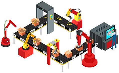 Automated Assembly Line With Robotic Arms And Machinery Isometric Vector Design
