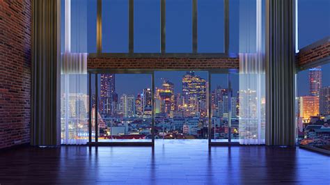 커튼 및 도시 배경 3d 렌더링 그림 밤에 호텔에서 스타일 인테리어 디자인 창 로프트 0명에 대한 스톡 사진 및 기타 이미지 0명 3차원 형태 개념과 주제 Istock