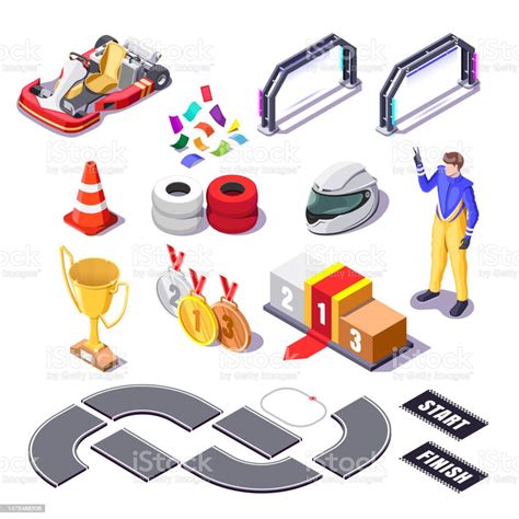 벡터 세트 아이소메트릭 자동차 경주 스포츠 컵의 낮은 폴리 개체 카트 메달 헬멧 3d 레드 카트를 위한 도로 3차원 형태에 대한 스톡 벡터 아트 및 기타 이미지 Istock