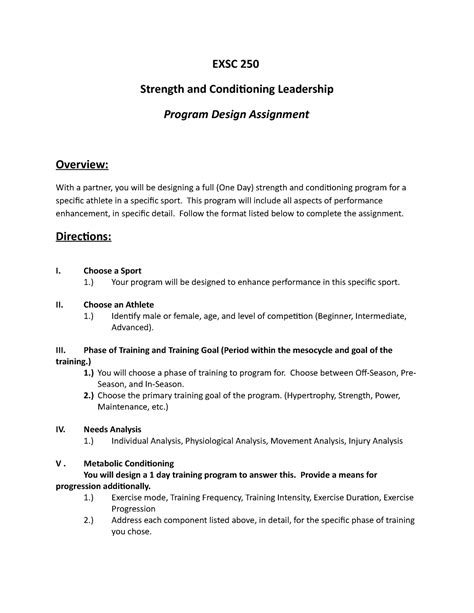 exsc 250 program design assignment exsc 250 strength and