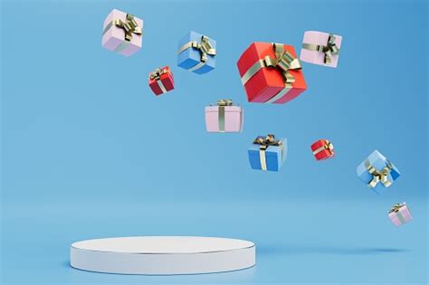 파란색 배경을 가로질러 날아가는 제품과 텍스트 및 선물을 배치하는 연단 복사 붙여넣기 3d 렌더링 0명에 대한 스톡 사진 및 기타 이미지 Istock