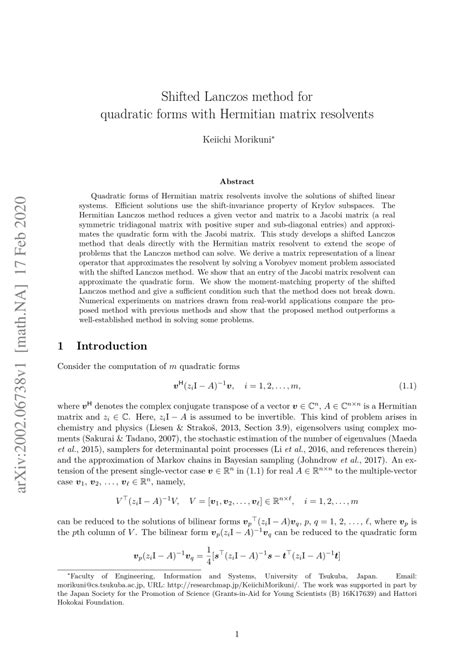 pdf shifted lanczos method for quadratic forms with hermitian matrix