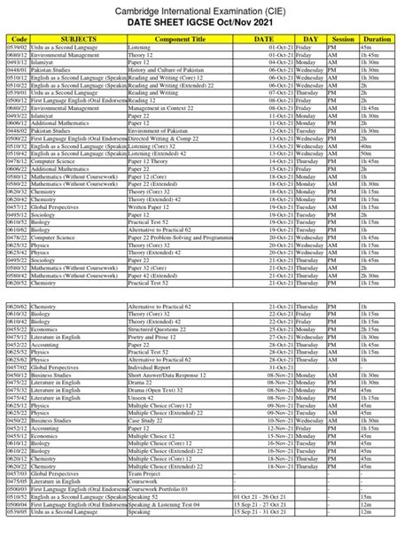 date sheet igcse oct nov 2021 code subjects component title date day